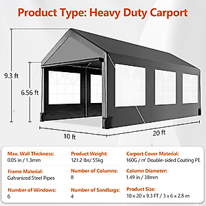 10 * 20 Heavy Duty Carport Canopy, PioneerWorks Portable Car Tent Garage with 6 Roll-up Windows and All-Season Tarp Cover, Metal Roof & 4 Sandbags for Car, SUV, Truck & Boat, Grey