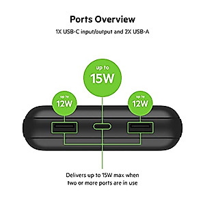 Belkin USB-C Portable Charger 20,000 mAh, 20k Power Bank with USB-C Input Output Port and 2 USB-A Ports with Included USB-C to USB-A Cable for iPhone 14, Galaxy S23, and More - Black