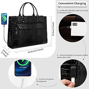 Laptop Bag for Women, 17 Inch Laptop Tote Bag, Fashion Computer Shoulder Bag, Waterproof Leather Teacher Handbag with USB Port, Large Capacity Crossbody Bag Business Office Briefcase Work Bag Black