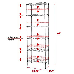 SINGAYE 6-Shelf Storage Shelf Wire Shelving Unit Metal Shelves Unit Storage Adjustable, Standing Shelf Units with PP Liner 21.25" W X 11.41D X 69 "H (Silver)