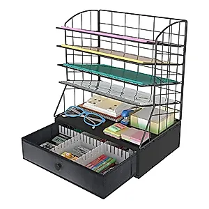 5-Trays File Organizer with Drawer,Mesh Desk Organizers,Letter Tray Paper Organizer,Height Adjustable File Holder for Office School Home（Black）