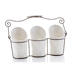 iEnjoyware Kitchen Tool Crock (4 Pieces) - 3 Ceramic Utensil Holders (4" Dia x 7" H each) & 1 Metal Caddy - White & Embossed Design
