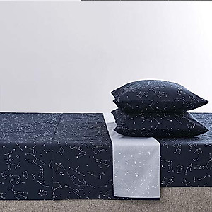 Wake In Cloud - Constellation Sheet Set, Navy Blue with White Space Stars Pattern Printed, Soft Microfiber Bedding (4pcs, Full Size)