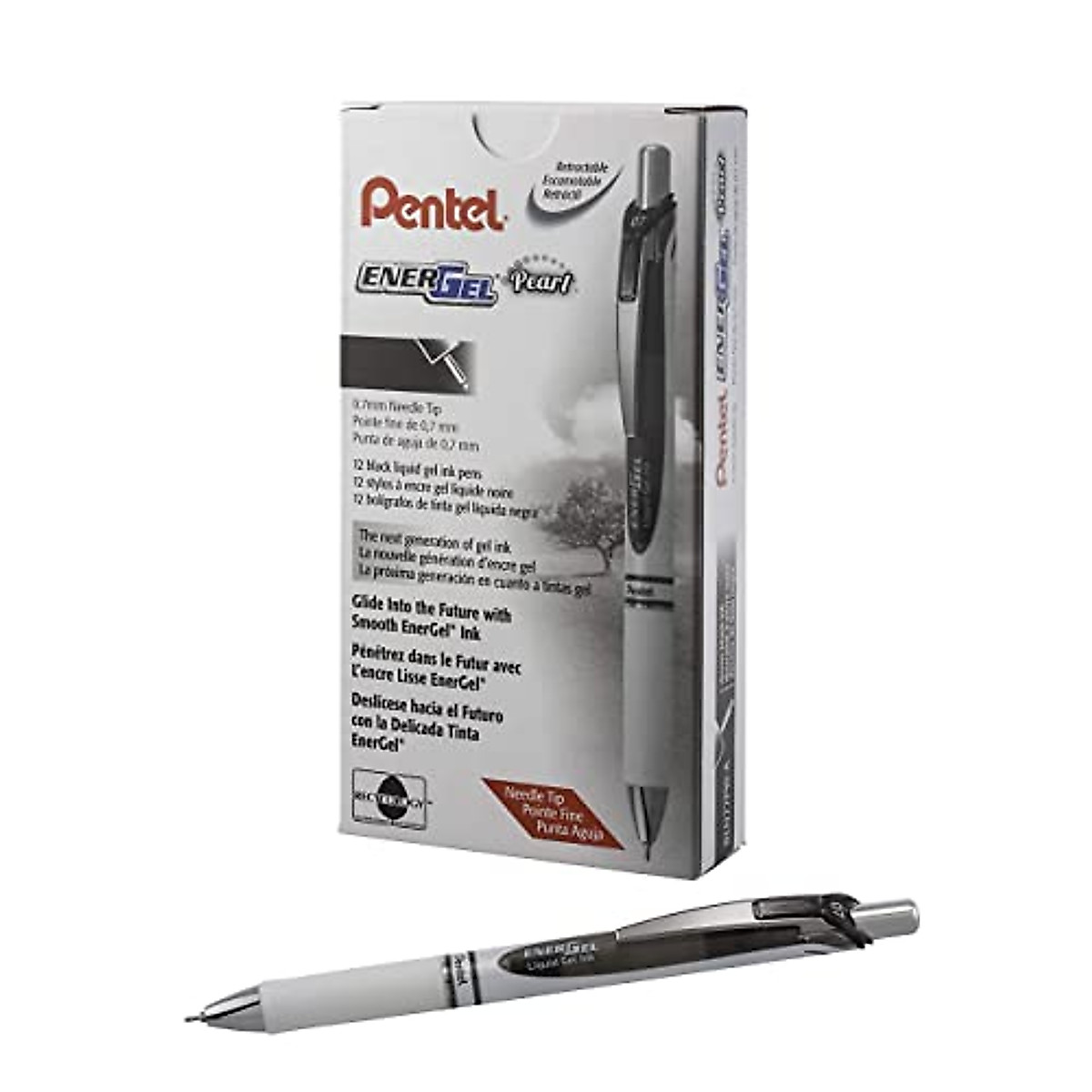 Pentel Gel Ink Pen, Pearl Retractable Gel Pen, (0.7mm) Medium Point, Needle Tip, Black Ink, 12 pack (BLN77PW-A)