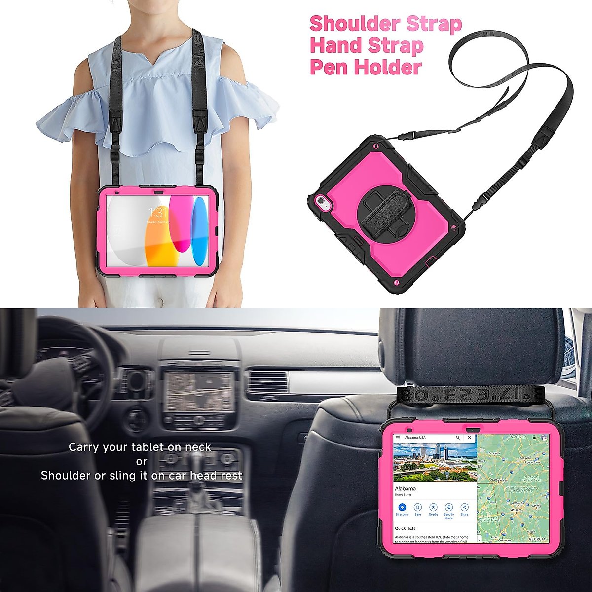 SIBEITU Case for iPad 10th Generation 10.9 inch 2022 with Screen Protector Pencil Holder, 3 Layer Shockproof Rugged Protective Case for iPad 10th Gen A2757/A2777 w/Kickstand & Shoulder Strap, Rose