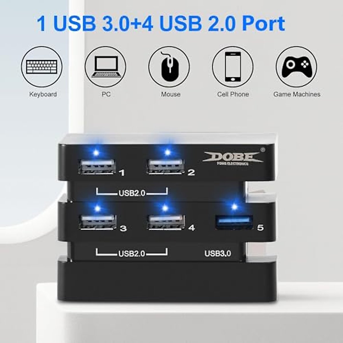 Linkstyle USB Hub for PS4 Pro, 5-Port USB 3.0 Hub Extension Adapter Splitter with LED Indicator for PlayStation 4 Pro, Black