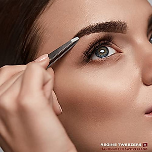 Regine Switzerland Slant Tweezers & Compact Case with 10X Magnifying Mirror Set - Precision Stainless Steel Tweezers for Ingrown Hair, Facial & Grooming - Travel Set with Hard Case for Men Women - 2Pc