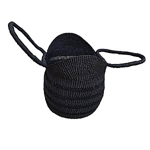 Ghana Handwoven Bolga Market Basket-African Beach Bag-Farmers Choice Market Bag-Plant Basket, Picnic Basket, Easter Basket, Straw Bag-Large Woven Basket, Toy Basket Handmade in Ghana (Black Leather)