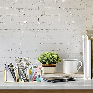 ELLDOO 3 Slots Glass Makeup Brush Holder Organizer for Vanity Dresser, Semicircle Rim Design, Pen Cup Holder Pencil Holder for Office Desk