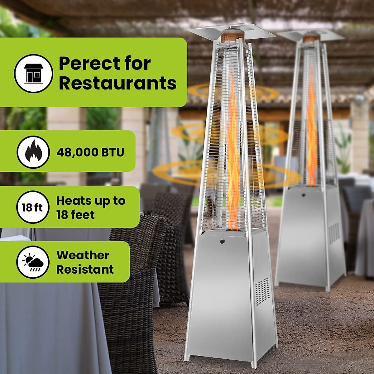 Outdoor Patio Propane Space Heater - 48,000 Btu Pyramid Propane Heater, Outdoor Heater, Portable Heater, Patio Heater Propane, W/ Wheels, Fire Pit Metal Heat (PPH-PYR)