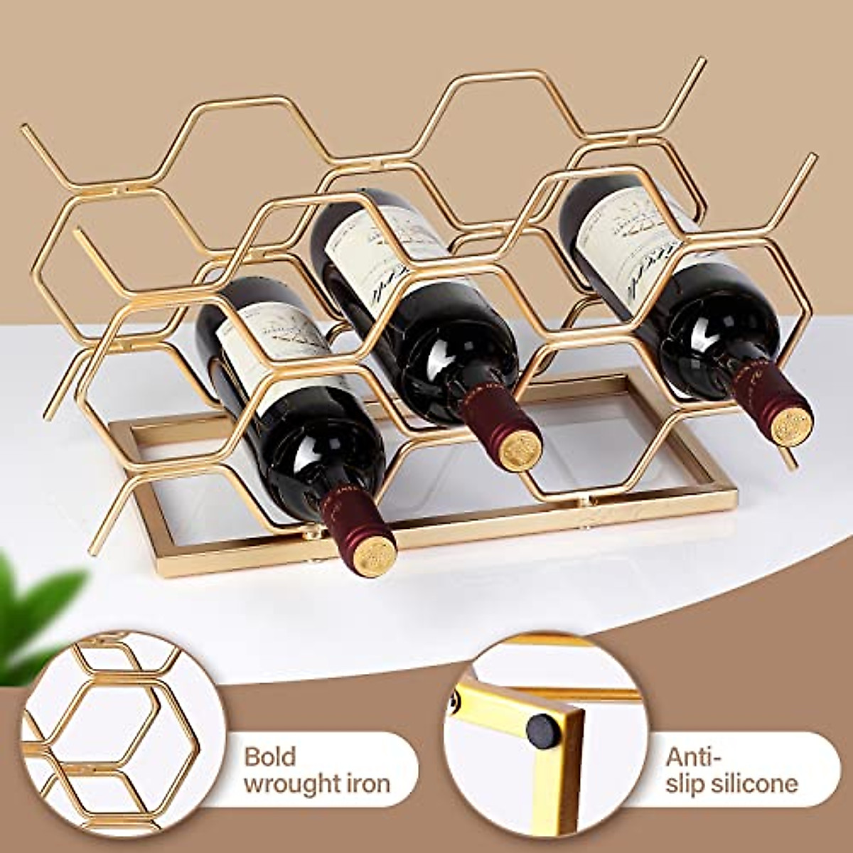 Drincarier Countertop Wine Rack - 10 Bottle Freestanding Modern Gold Metal Small Wine Rack - Tabletop Wine Holder Stand for Cabinet, Pantry, Wine Bottle Storage……