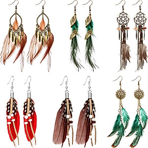 6 Pairs Women Faux Feather Earrings Dream Catcher Earring Bohemian Fringe Tassel Long Drop Dangle Earrings Set with Design for Women (Style 7)