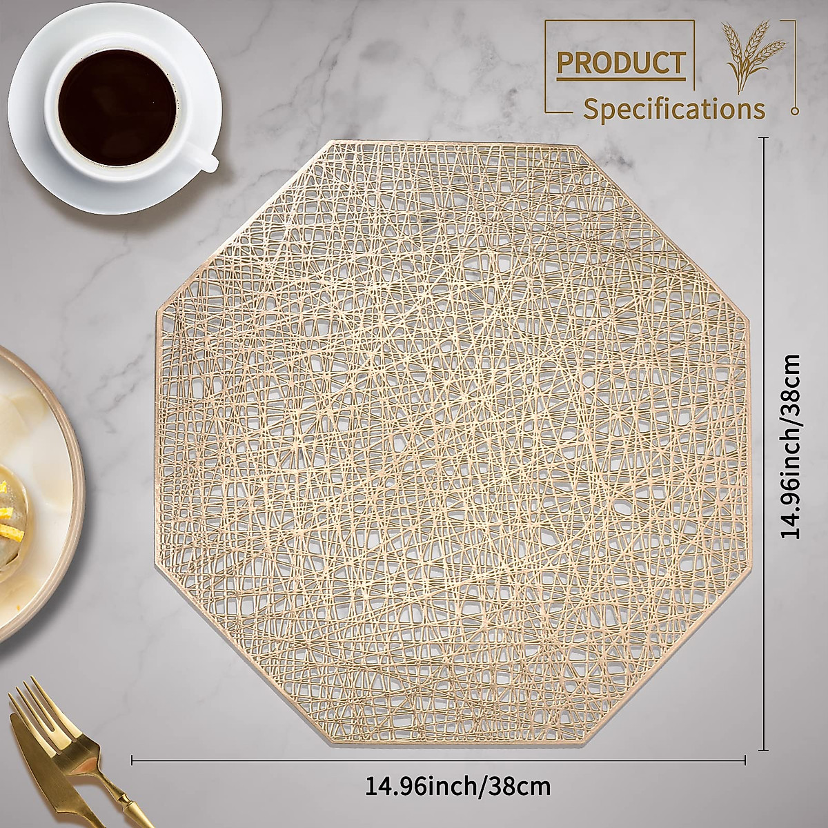 FYY Placemats, Placemats Set of 6 for Dining Table, Washable Octagonal PVC Place Mats Durable Kitchen Table Mats, Set of 6 Gold