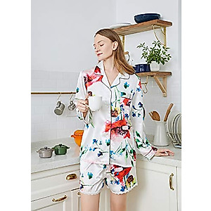 Escalier Womens 5pcs Silk Satin Pajama Set Floral Cami Pjs Sleepwear Button Down Pj Sets Loungewear White
