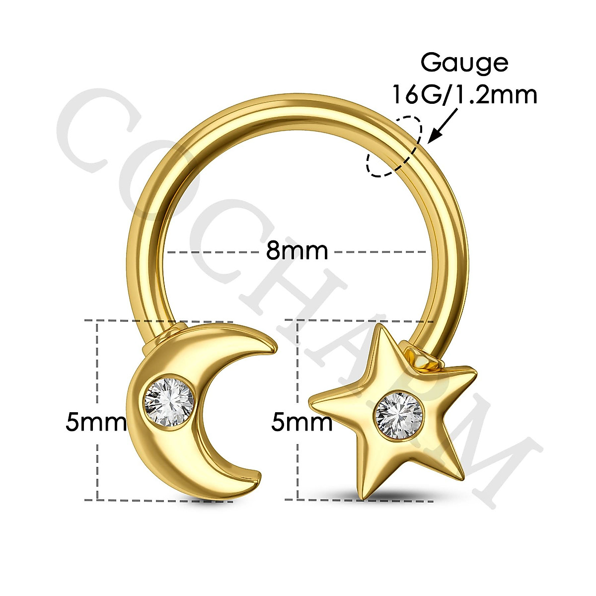 COCHARM Gold Septum Rings 16g, Star and Moon Septum Jewelry Horseshoe Septum Piercing 8mm Dainty Horseshoe Septum Rings Gold Horseshoe Daith Earring Hoop