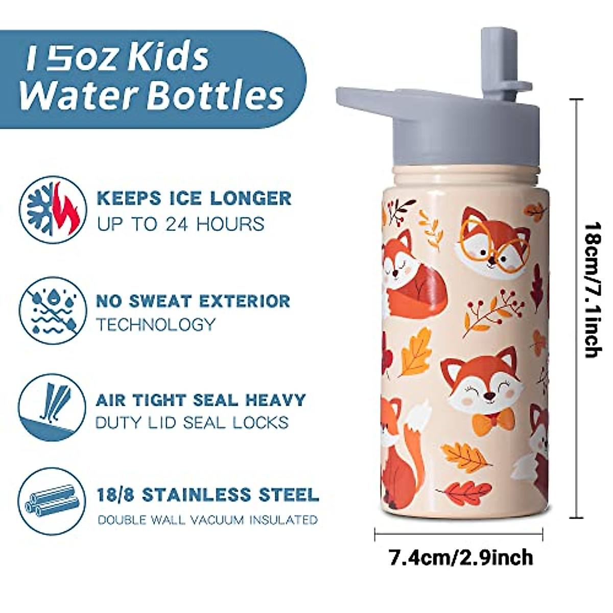 Weboia Kids Autumn Cute Water Bottle Fox Insulated Water Bottles BPA Free Double Wall Vacuum 15 oz Kids Cup with Straw Lid Leak Proof Fox Water Bottle Autumn Gift for Boys Girls School