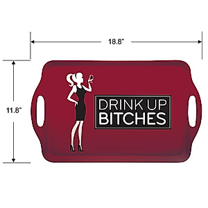 Chris's Stuff Wine Serving Tray with Handle 18.8 x 11.8 Inch - 100% Melamine Food Safe (Drink Up Bitches)