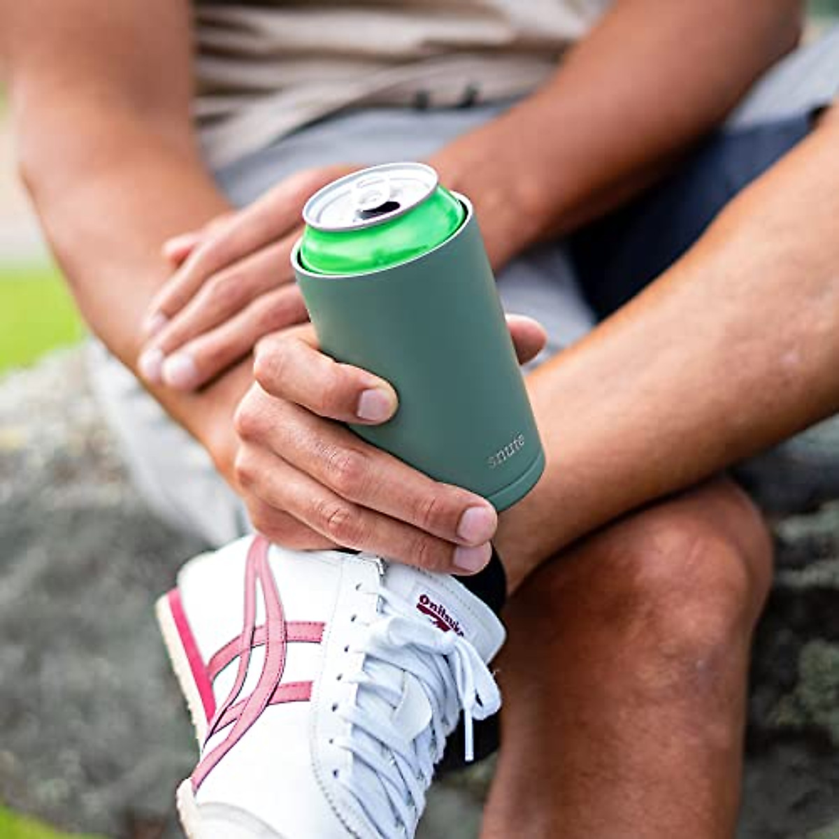 Snute Standard Can Cooler for Beer, Soda, Sparkling Water | Vacuum Insulated Stainless Steel Drink Sleeve Holder for 12oz Regular Cans (Olive)