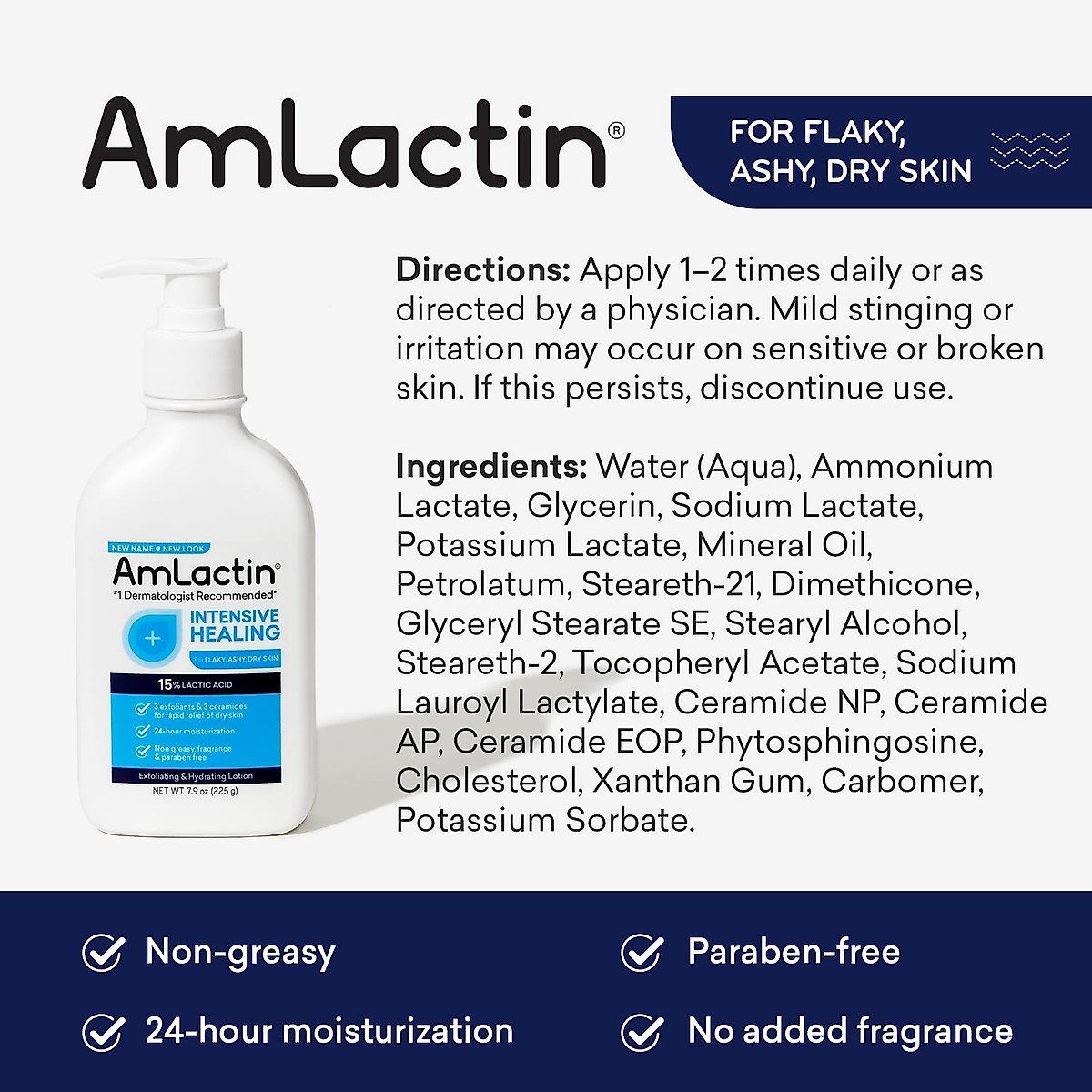AmLactin Intensive Healing Body Lotion for Dry Skin, 7.9 oz Pump Bottle, 2-in-1 Exfoliator and Moisturizer with Ceramides and 15% Lactic Acid for 24-Hour Relief from Dry Skin (Packaging May Vary)