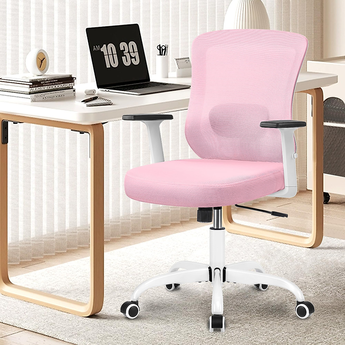 Winrise Office Chair Ergonomic Desk Chairs with Lumbar Support and Flip-up Arms, Comfortable Breathable Mesh Computer Executive Chair with Swivel Task, Adjustable Height 4'', Home, Bedroom -Pink