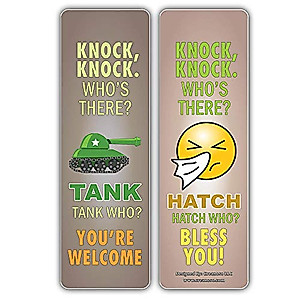Creanoso Funny Knock-Knock Jokes Puns Bookmarks (30-Pack) – Unique Stocking Stuffers Gifts for Boys & Girls, Unisex Adults – Cool Book Page Clippers Collection Set for Knock-Knock – Awesome Giveaways