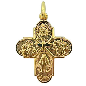 Premium Saint Collection 14K Gold Plate Overlay Sterling Silver Four Way Trinity Cross Medal, 13/16 Inch