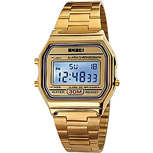 PASOY Men's Digital Gold Stainless Steel Watch Backlit Multifunction Stopwatch Waterproof Sport Watches Reloj (Gold)