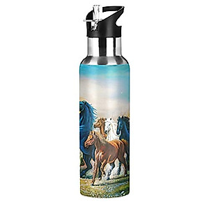 OREZI Colorful Seven Running Horses Water Bottle Thermos with Straw Lid for Boys Girls,600 ml,Leakproof Stainless-Steel Sports Bottle for Women Men Teenage