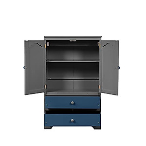 SOFTSEA Kids Armoire Wardrobe Closet with Drawers and Hanging Rod, Wooden Storage Wardrobe with Adjustable Shelf and 2 Doors, Freestanding Wardrobe Cabinet for Bedroom, Kids' Room (Gray + Blue)