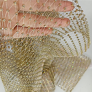 60X90cm Gold Shiny Stretch Crystal Rhinestone Fishnet One Yard Mesh Sheer Cutout Fabric 2023 Ins Popular Designer DIY Dress Mask Decoration (Gold (1 Yard))