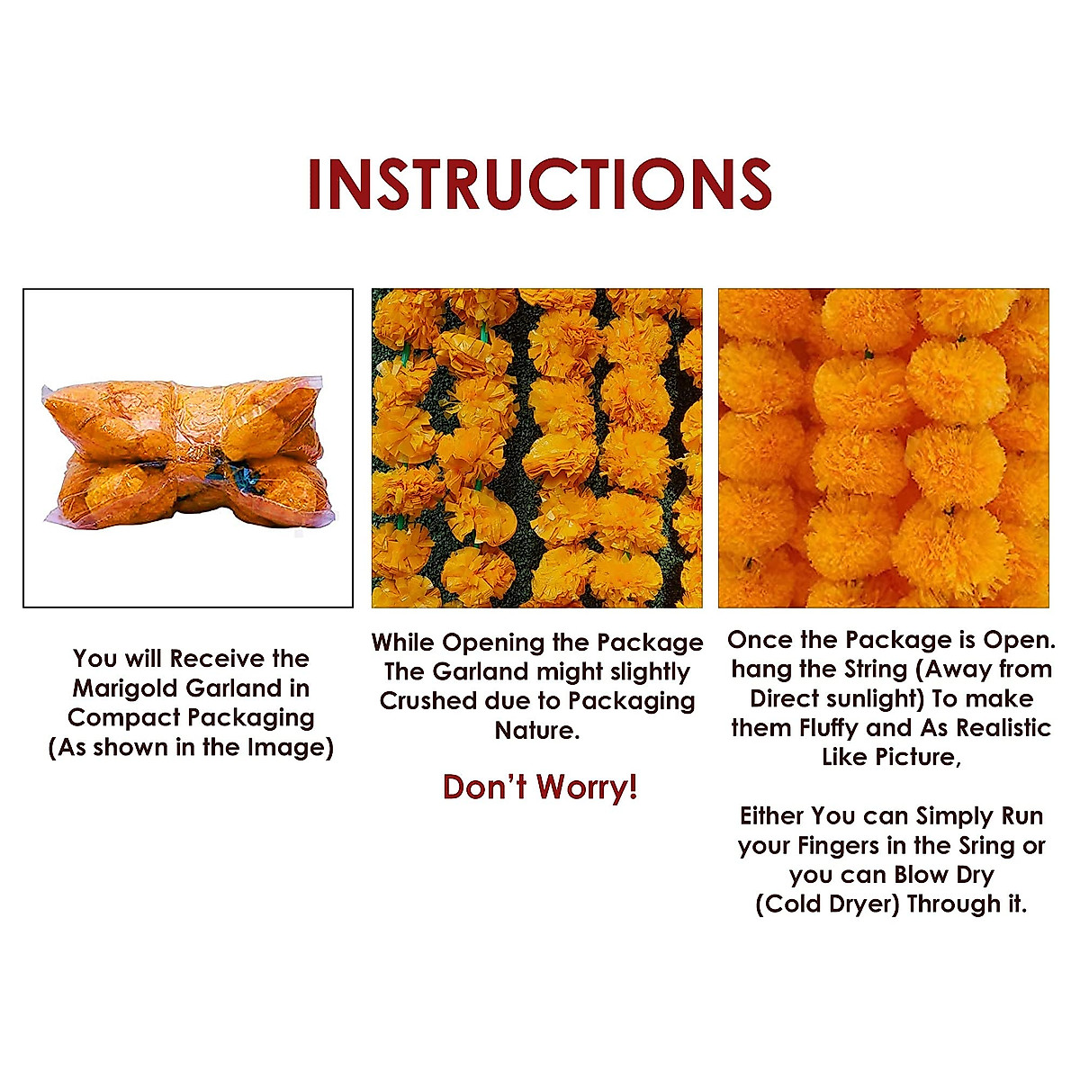 SATVIK 6 PC (5feet/60 inch) Artificial Marigold Flowers Garland for Puja Indian/American Indoor/Outdoor Party Decoration for Diwali, Christmas, Wedding, Halloween, Mantle, Spring Bush Faux Orange