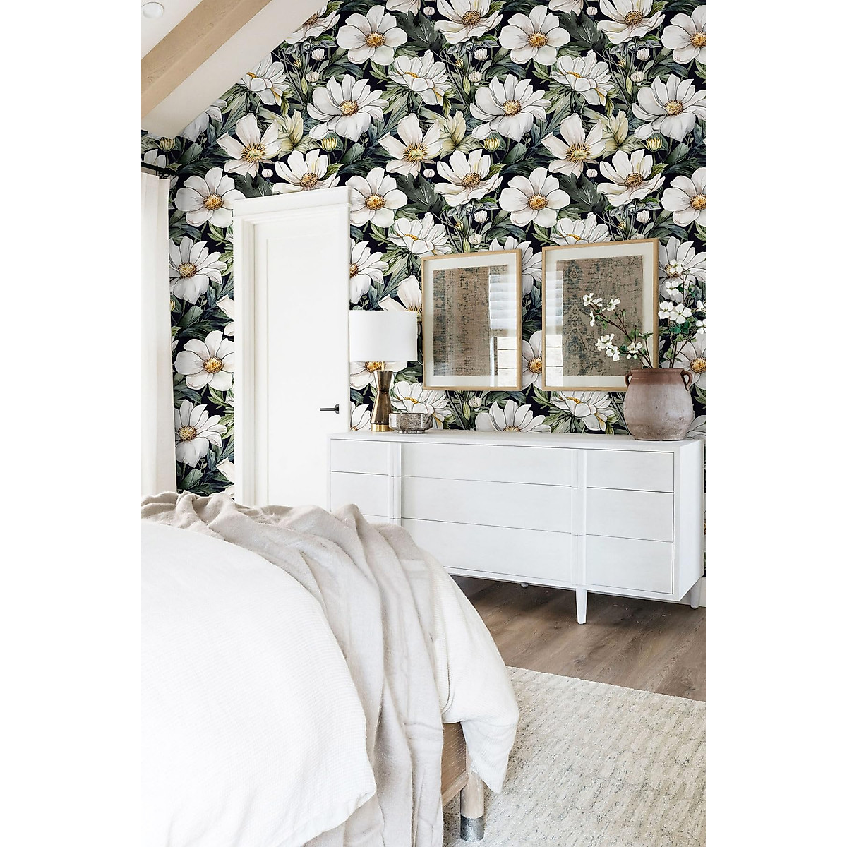 HAOKHOME Floral Wallpaper Peel and Stick Vintage Removable Wall Paper Black/Green/White Stick on Wall Mural Contact Paper 17.7in x 9.8ft