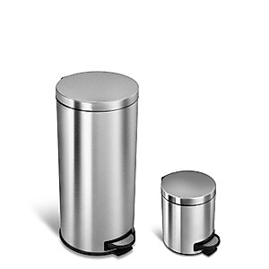 8 Gallon and 1.2 Gallon Combo Set Round Stainless Steel Step on Trash Can, Fingerprint-Resistant Soft Close Lid Hands-Free Trash can, Removable Plastic Inner Bucket Waste Bin, 8 Gal 30L & 1.2 Gal 5L