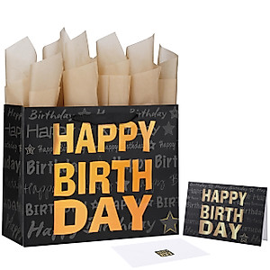 13" Large Black Gift Bag Set with Greeting Card and Tissue Paper(Gold Foil ‘Happy Birthday’) for Men's or Women's Birthday Party, Boys’, Girls’ or Kids' Birthday Parties, Baby Shower - 13”x5.2”x10.2”, 1 Pcs.