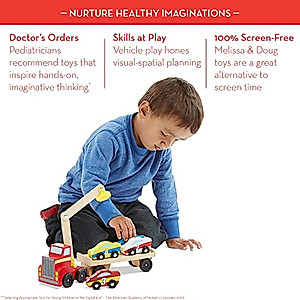 Melissa & Doug Magnetic Car Loader Wooden Toy Set With 4 Cars and 1 Semi-Trailer Truck - Crane Wooden Toy, Vehicle Toys For Kids Ages 3+