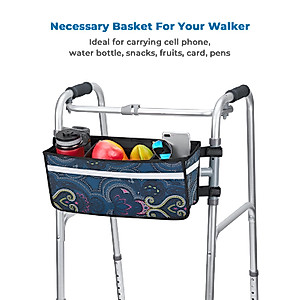 ISSYAUTO Walker Basket, Strap Mount Walker Cup Drink Holder with Two Split Board, Foldable Walker Storage Bag, Best Present for Family and Friends - Navy (Not Fit Rollator Walkers)
