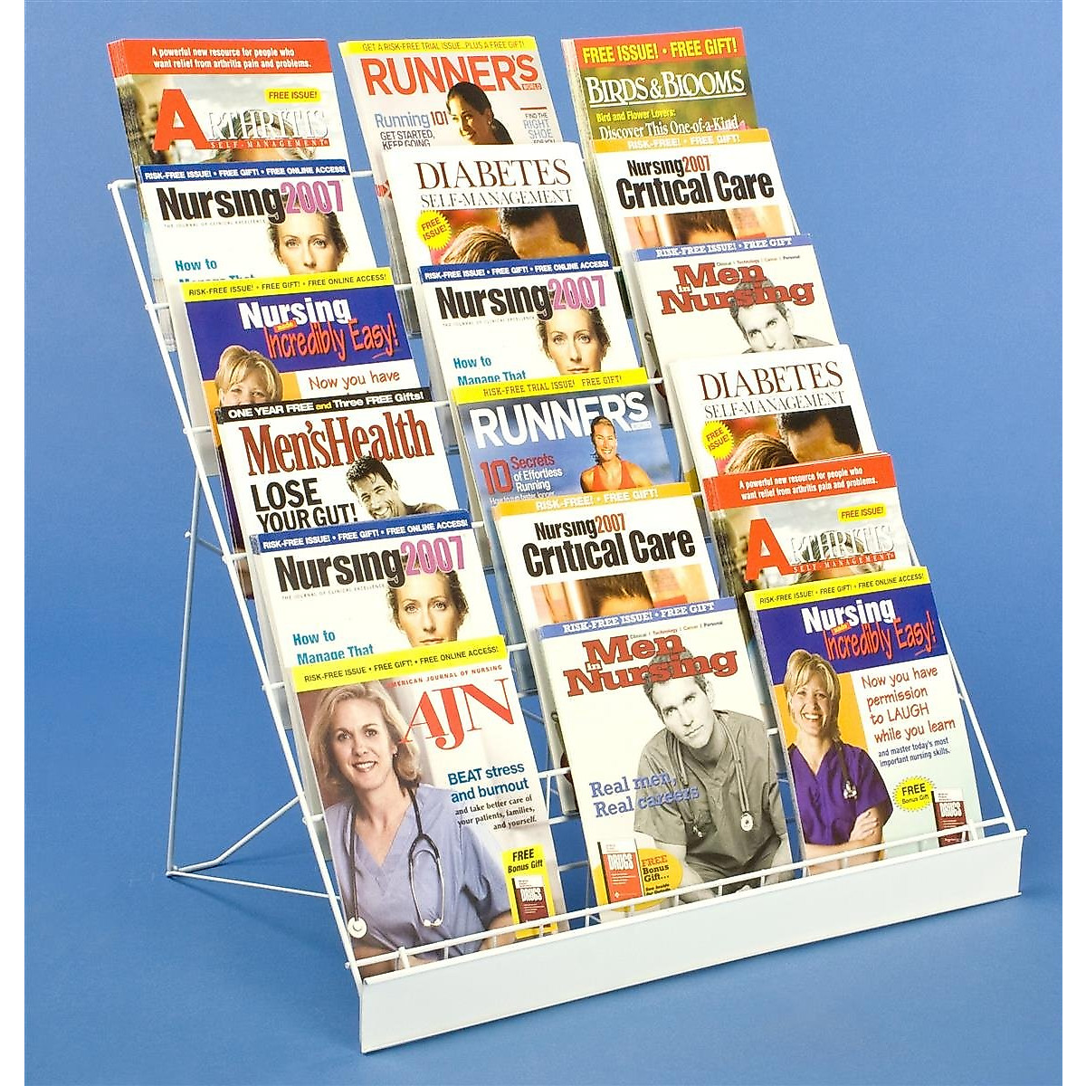 Displays2go 6-Tier Wire Countertop Rack for Literature, Open Shelving Accommodates a Variety of Items, Small Sign Channel - White