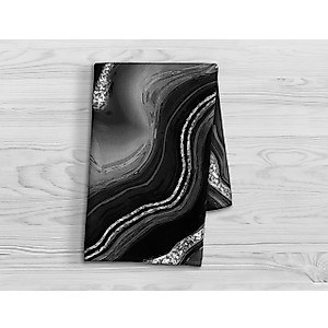 Black and Silver Marble Print Hand Towel - Faux Agate Print Kitchen Towel - Bathroom Hand Towel - Cotton Terry Cloth - 15"x25"
