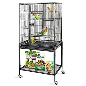 Epetlover 53 Inch Height Wrought Iron Standing Parrot Large Flight Bird Cage with Rolling Stand Birdcages for Parakeet Cockatiel Conure Lovebird Finch Black