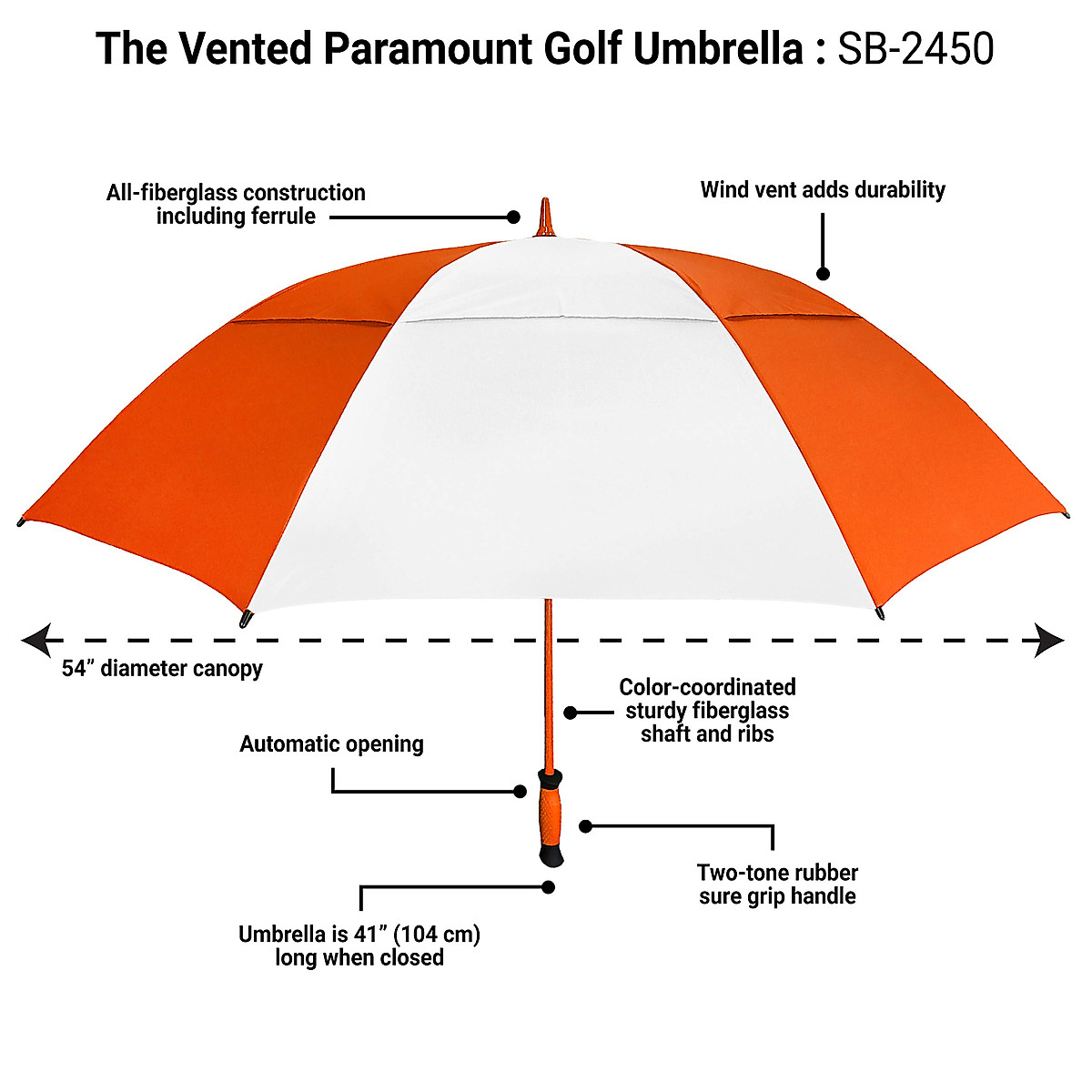 The Paramount Vented Large 64 inch Windproof Automatic Open Double Canopy Golf Umbrella for Rain, Wind and Sun, Strong & Lightweight Oversized Umbrella with Wind Vent for Men & Women, Orange/White