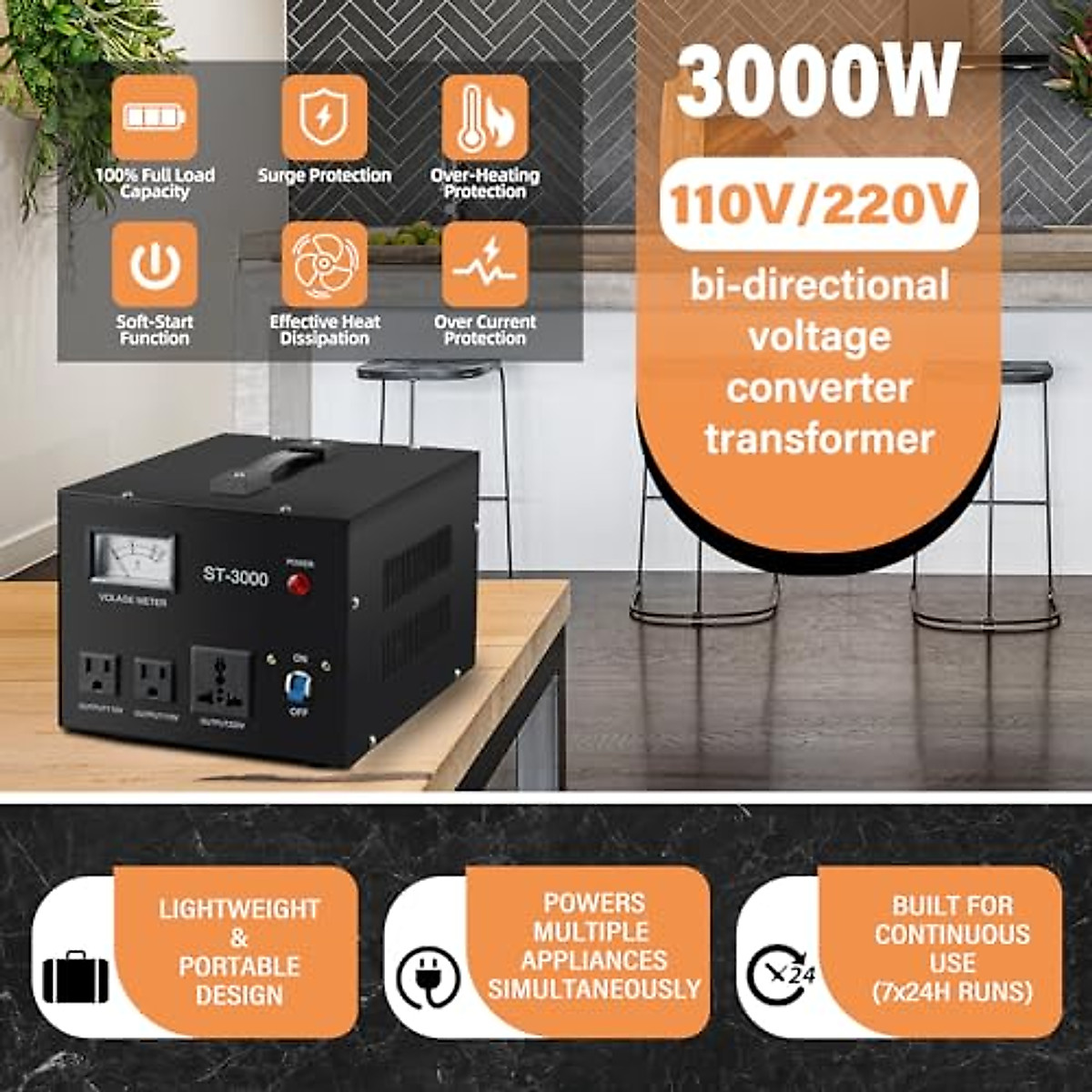 YaeCCC ST-3000 Voltage Transformer Converter Regulator with Voltage Meter - Step Up/Down - 110V/220V - Circuit Breaker Protection