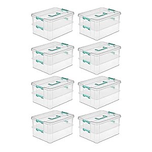 Sterilite Stack and Carry 2 Layer Handle Box, Stackable Plastic Small Storage Container with Latching Lid, Bin to Organize Crafts, Clear, 8-Pack