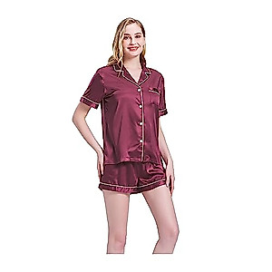 Pure as a lotus Women Sleepwear Sets Silk Pajamas Set Loungewear Button-Down Two-piece Pj Sets Shorts Nightwear Set Red