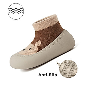 Baby Sock Shoes Toddler Cartoon Soft Rubber Sole Non Slip Indoor Floor Slipper for Infant Boys Girls First Walking Trainers Shoe Brown Bear 22
