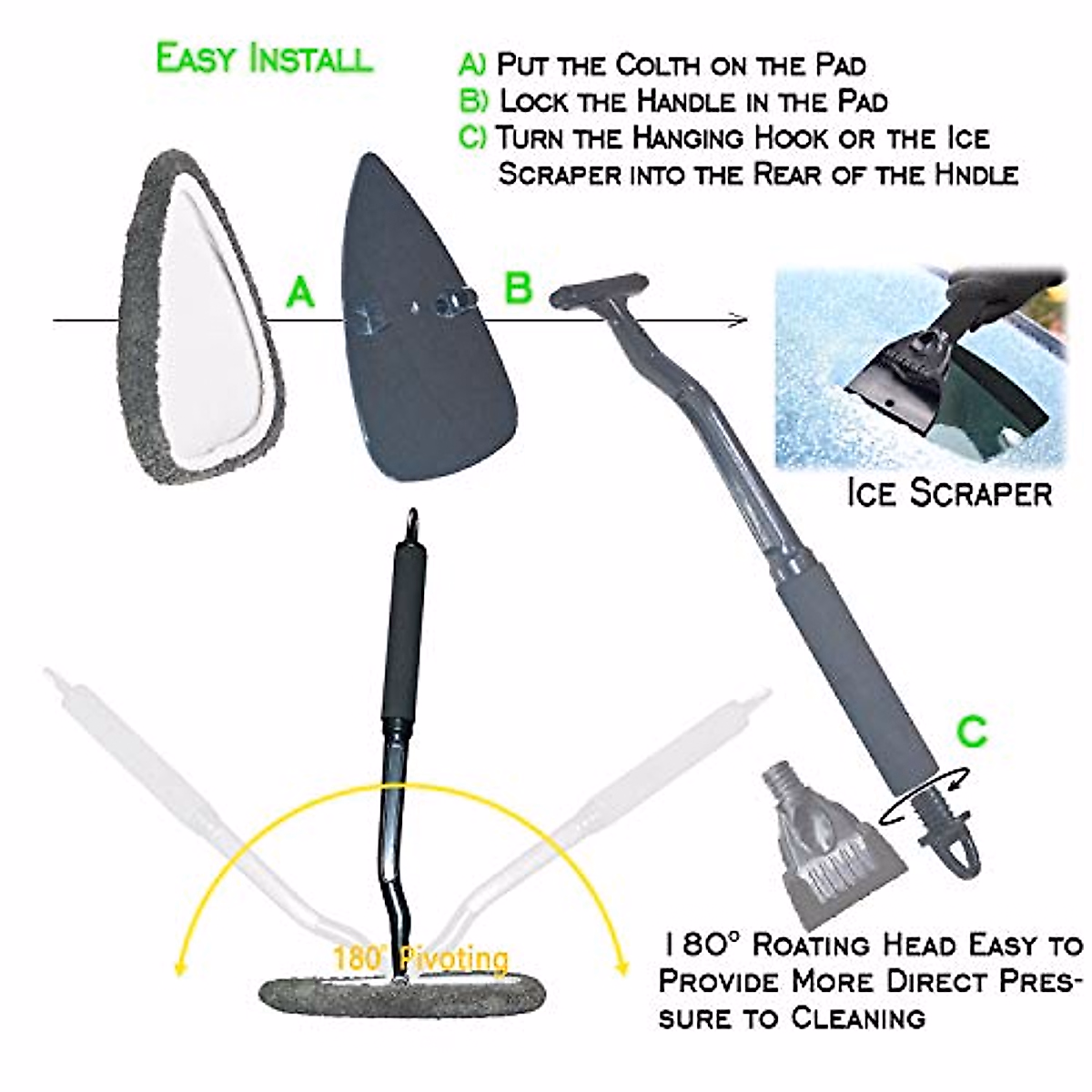 Windshield Cleaner Wand - Car Window Cleaning Tool Auto Glass Wiper Kit Pack with Ice Scraper Replacement Pad Towel Spray Bottle Storage Bag TTL 7 PCS