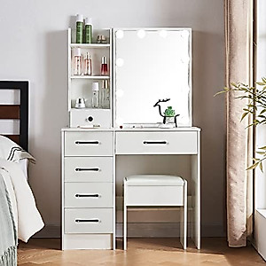 White Vanity with Sliding Mirror, 10PCS Hollywood Bulbs 3 Lighting Modes Vanity Desk with 6 Storage Drawers, Dressing Table Set with 6 Display Shelves for Girls.