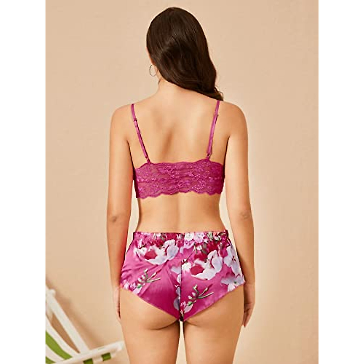 WDIRARA Women's Pajamas Set Lace Satin Sexy Lingerie with Cami Floral Shorts Sleepwear Floral Hot Pink S