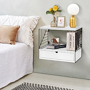 Floating Nightstand, Wood Bedside Shelf Wall Mounted with Drawer, Modern Style Bedside Table, Floating End Table, 2 Tier Floating Shelves for Bedroom, Living Room, Bathroom, Office