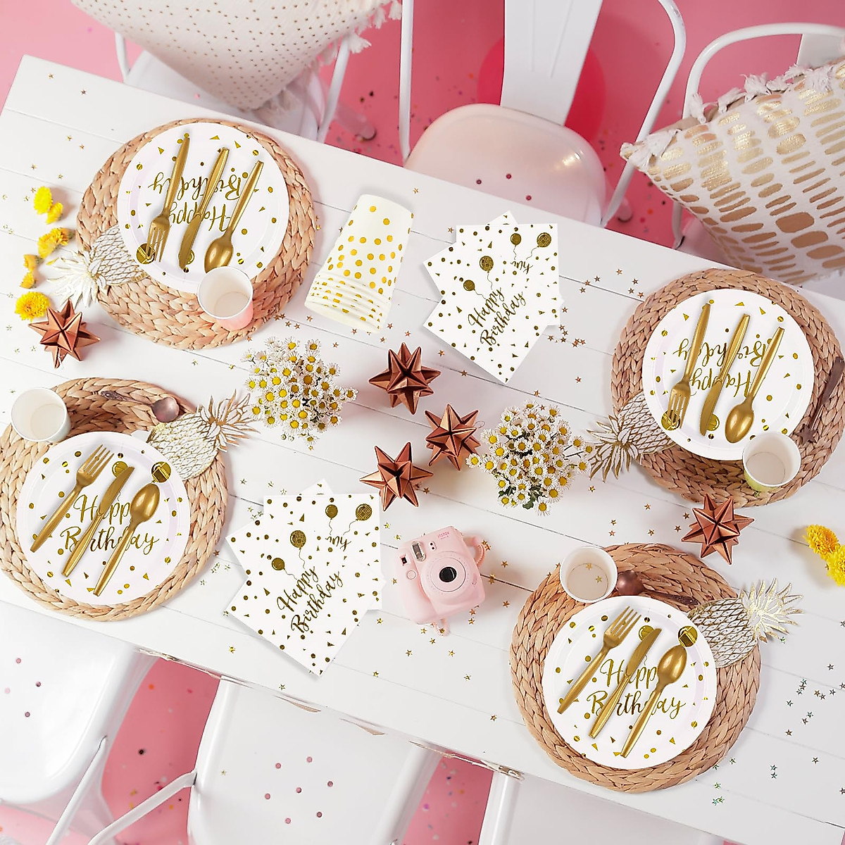 168PCS Happy Birthday White and Gold Party Supplies,Disposable Party Decorations Paper Plates Napkins Cups Plastic Forks Knives Spoons for Birthday Graduation Bridal Shower-24 Guests
