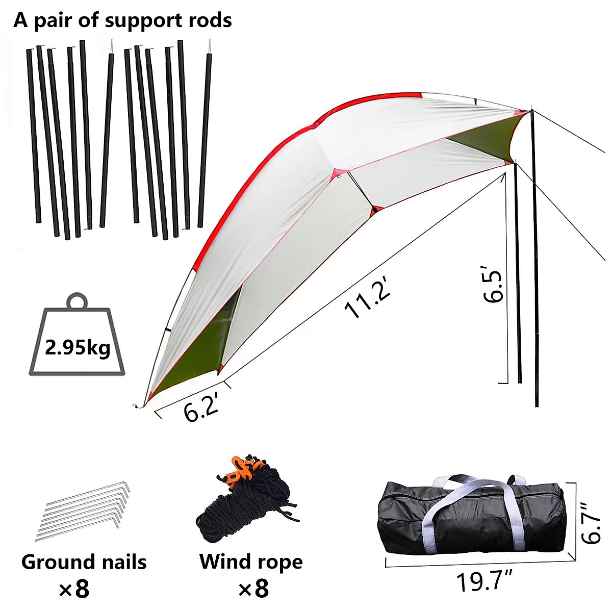 Wind Tour Portable Waterproof Car Rear Tent Outside Camping Shelter Outdoor Car Tent Trailer Tent Roof Top for Beach (Green+White)